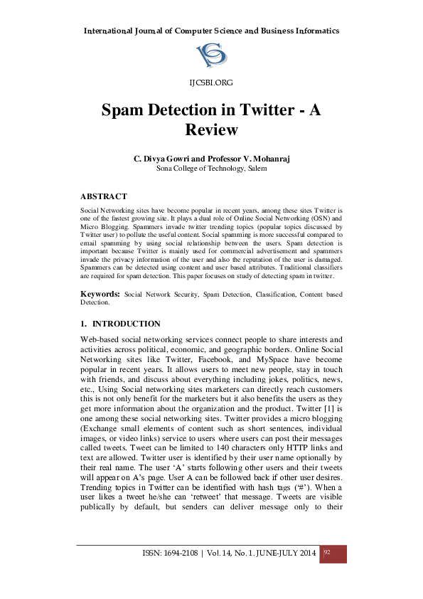 Pdf Spam Detection In Twitter A Review
