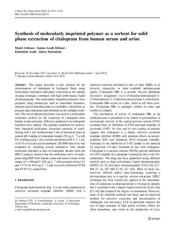 (PDF) Synthesis of molecularly imprinted polymer as a sorbent for solid phase extraction of ...