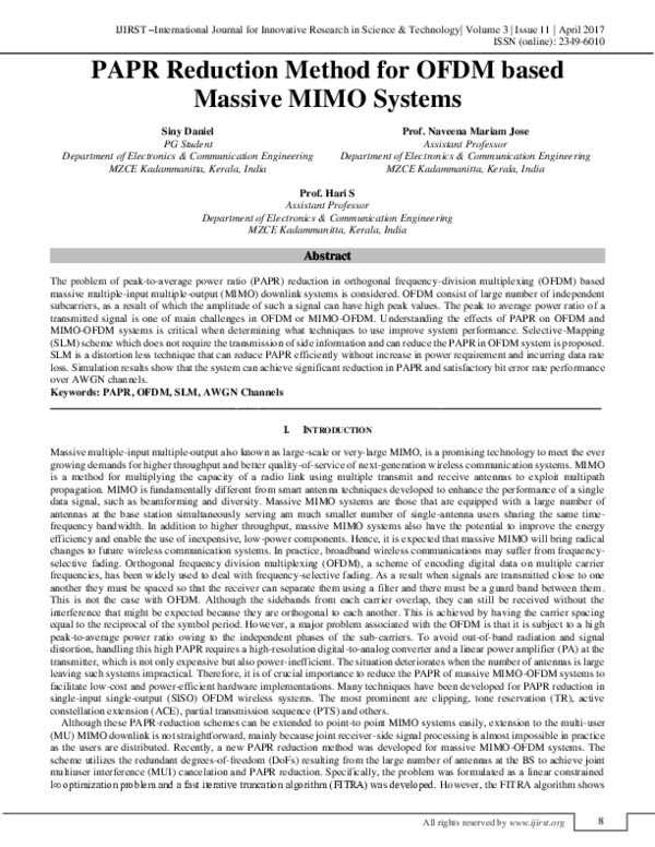 Pdf Papr Reduction Method For Ofdm Based Massive Mimo Systems Ijirst International Journal