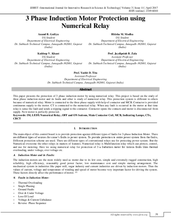 (PDF) 3 Phase Induction Motor Protection using Numerical Relay