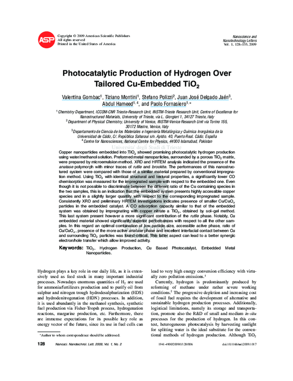 (PDF) Photocatalytic production of hydrogen over tailored Cu-embedded TiO2