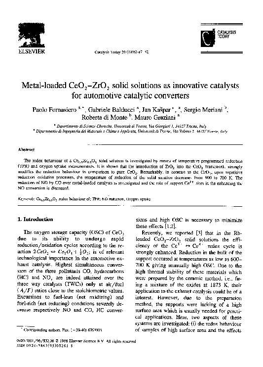 (PDF) Metal-loaded CeO2-ZrO2 solid solutions as innovative catalysts ...