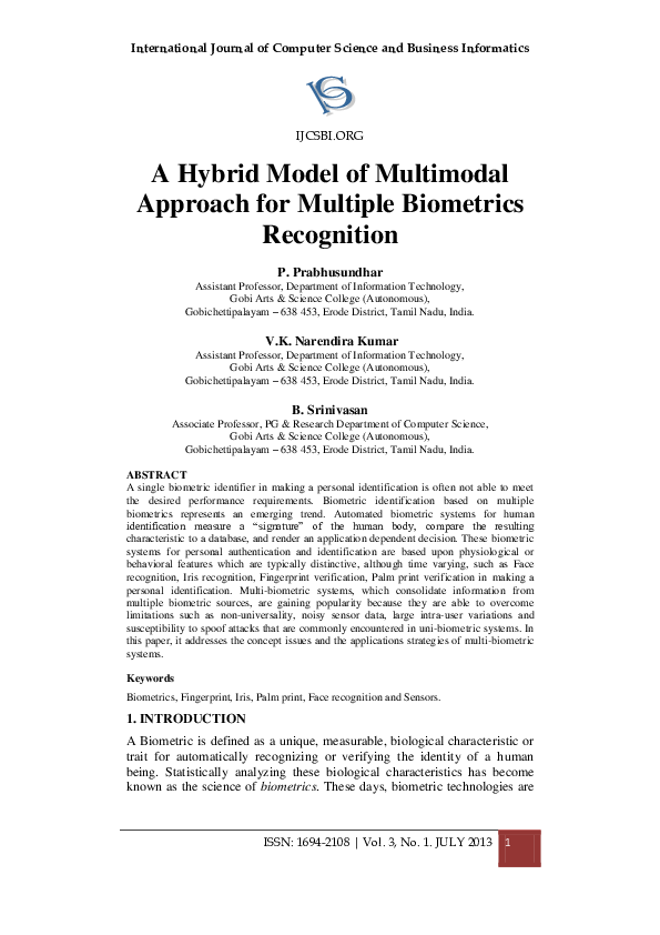 Pdf A Hybrid Model Of Multimodal Approach For Multiple Biometrics Recognition