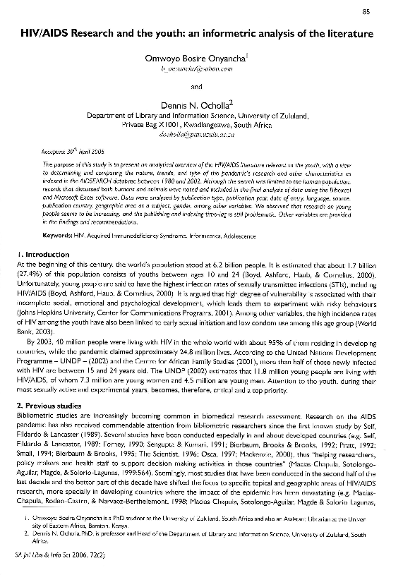 (PDF) HIV / AIDS research and the youth : an informetric analysis of the literature