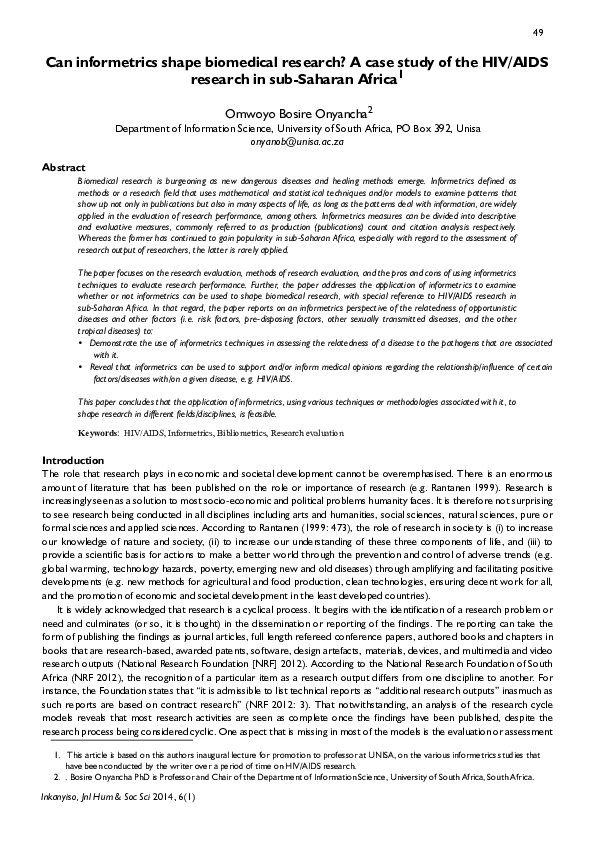 (PDF) Can informetrics shape biomedical research? A case study of the HIV/AIDS research in sub ...