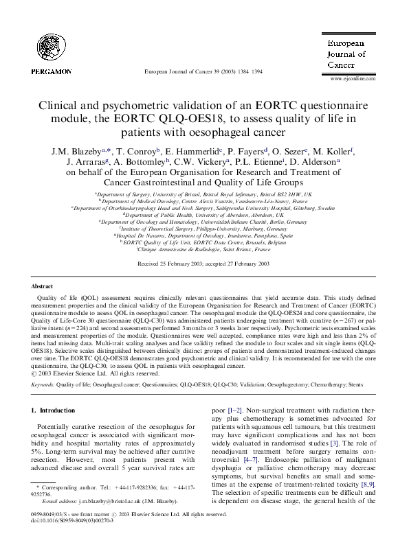(PDF) Clinical and psychometric validation of an EORTC questionnaire module, the EORTC QLQ-OES18 ...