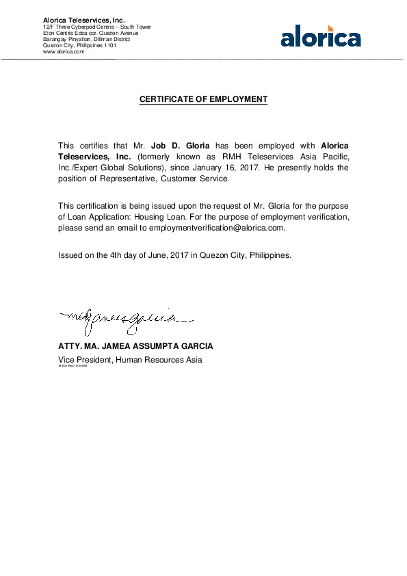 CERTIFICATE OF EMPLOYMENT (Teleperformance) PDF, 47% OFF