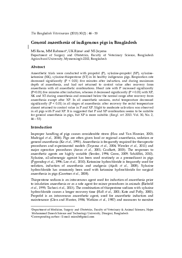 (PDF) General anaesthesia of indigenous pigs in Bangladesh