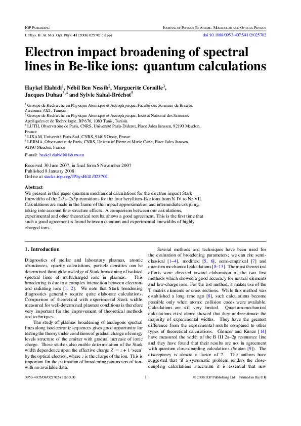 (PDF) Electron impact broadening of spectral lines in Be-like ions ...