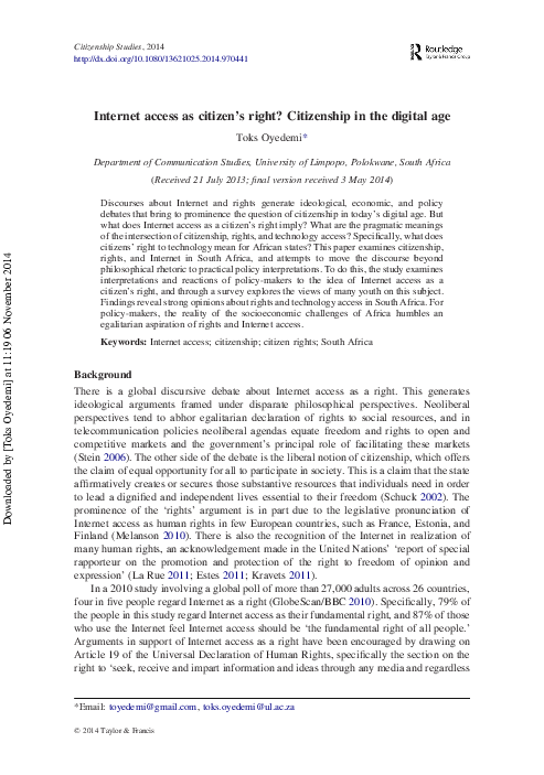 (PDF) Internet access as citizen’s right (?): Citizenship in the ...