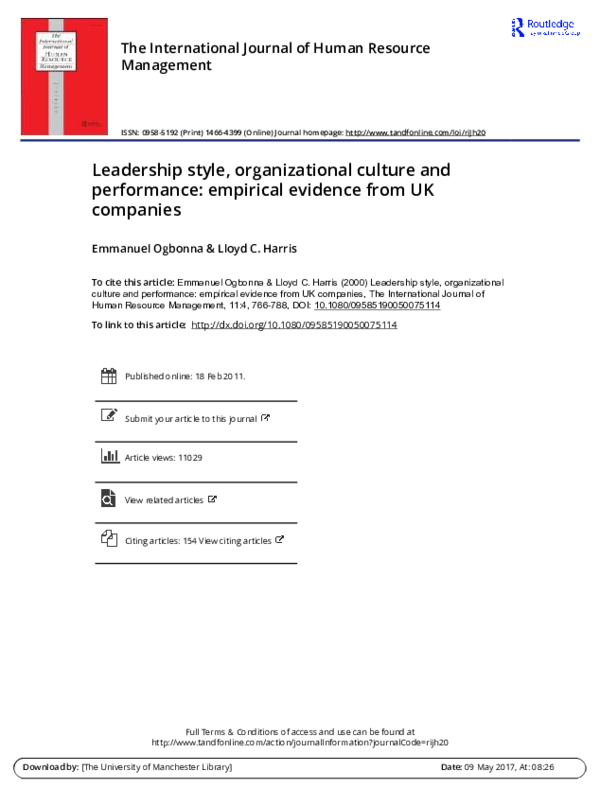 (PDF) The International Journal of Human Resource Management Leadership style, organizational ...