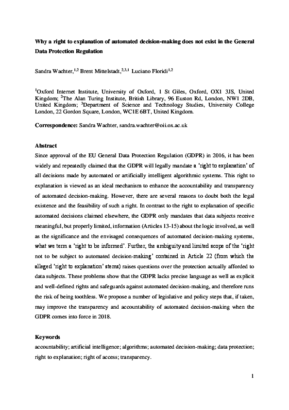 (PDF) Why a right to explanation of automated decision-making does not ...