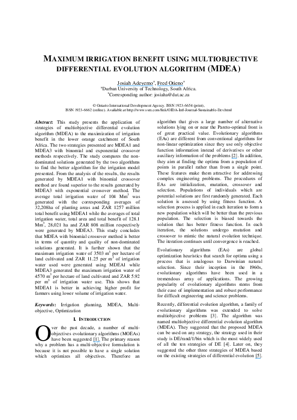 (PDF) Maximum Irrigation Benefit Using Multiobjective Differential ...