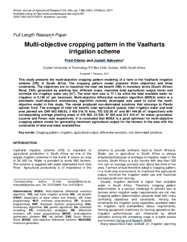 Pdf Multi Objective Cropping Pattern In The Vaalharts Irrigation