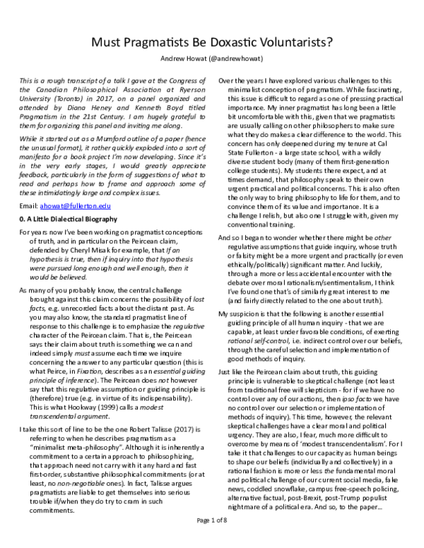 (PDF) Must Pragmatists Be Doxastic Voluntarists?
