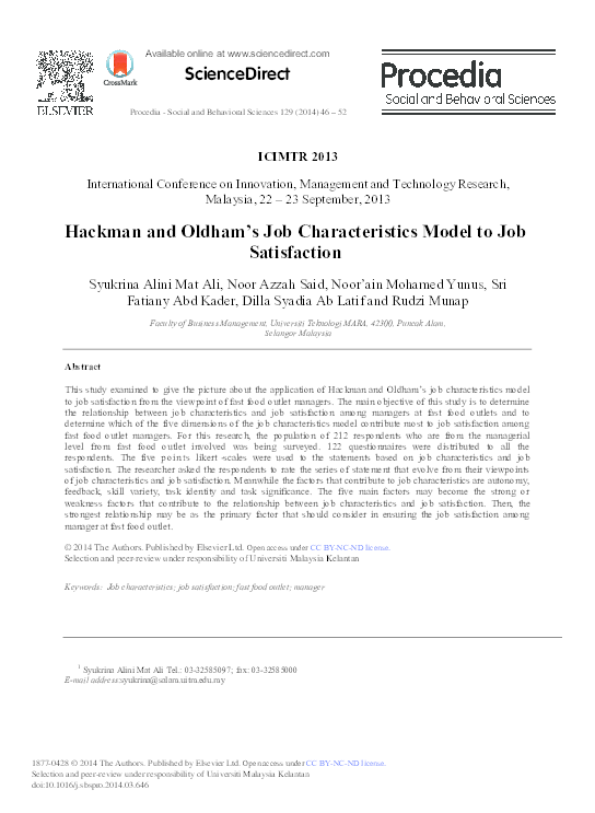 (PDF) Hackman and Oldham's Job Characteristics Model to Job ...