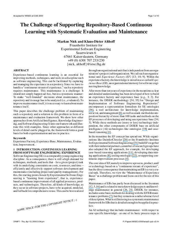 Pdf The Challenge Of Supporting Repository Based Continuous Learning