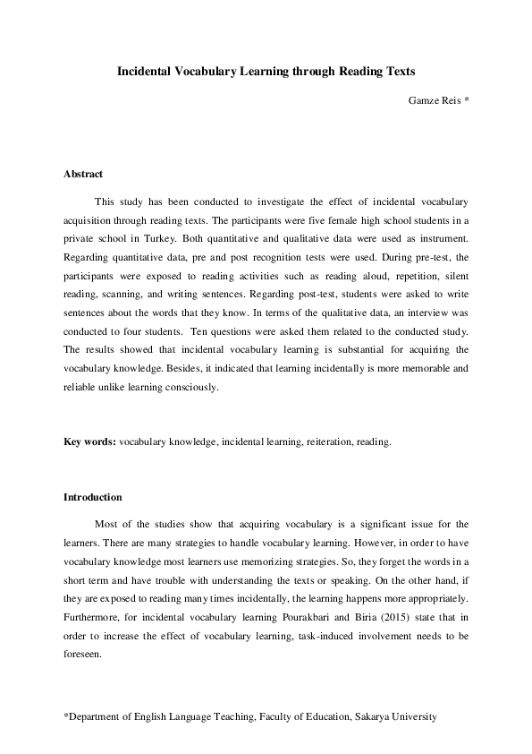 (DOC) Incidental Vocabulary Learning through Reading Texts