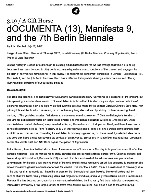 (PDF) dOCUMENTA (13), Manifesta 9, and the 7th Berlin Biennale (review)