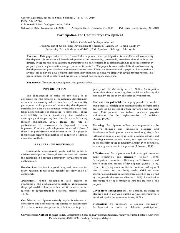 (PDF) Participation and Community Development