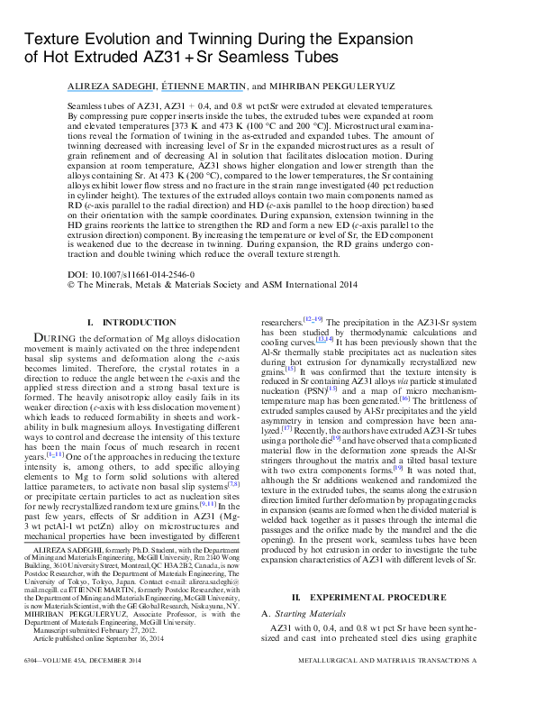 (PDF) Twinning and Texture in Extruded AZ31 + Sr Tubes