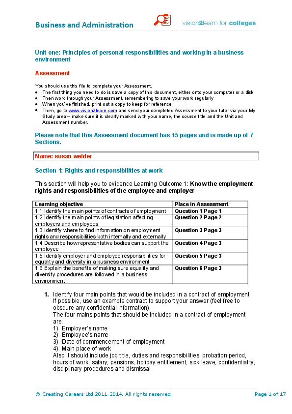 (DOC) Unit one: Principles of personal responsibilities and working in ...