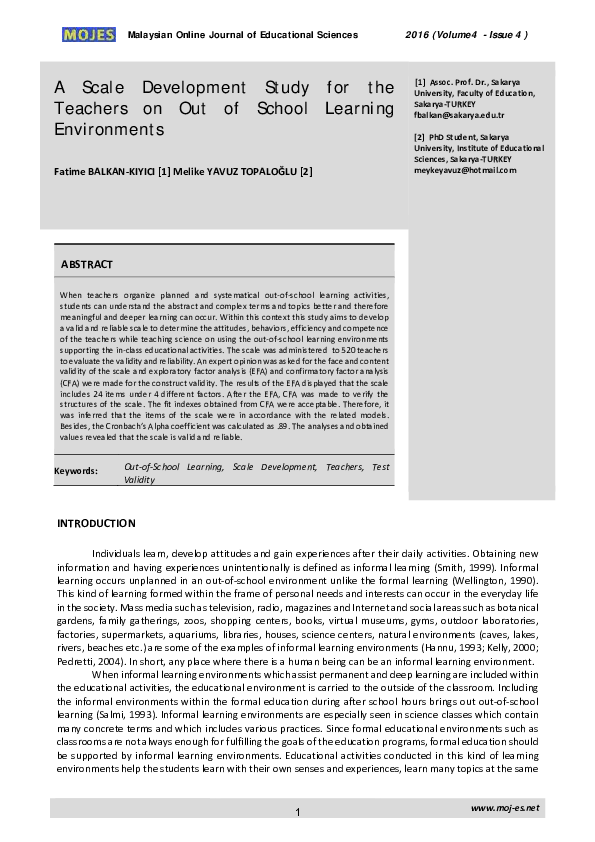 (PDF) A Scale Development Study for the Teachers on Out of School ...