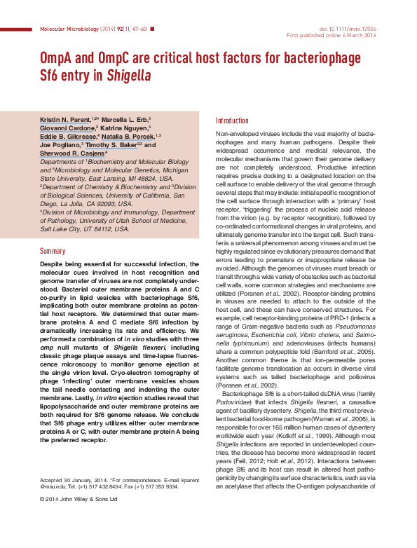(PDF) OmpA and OmpC are critical host factors for bacteriophage Sf6 ...