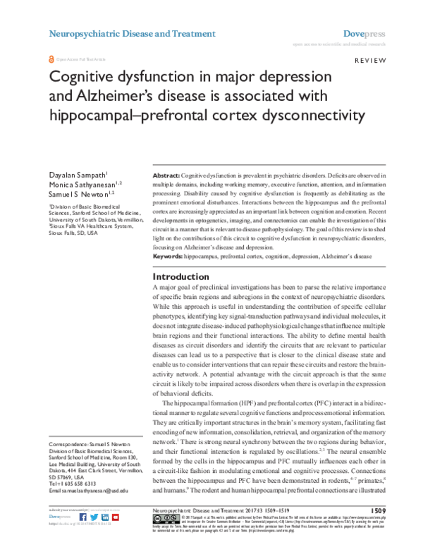 (PDF) Cognitive dysfunction in major depression and Alzheimer's disease is associated with ...