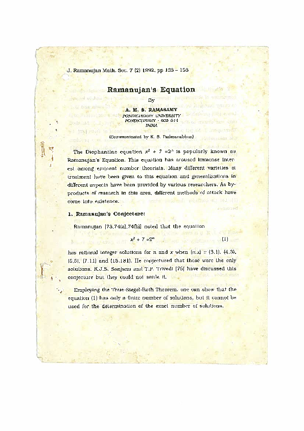 (PDF) Ramanujan's Equation