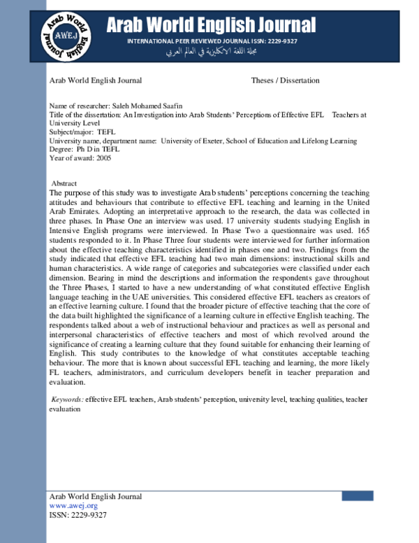 (PDF) An Investigation into Arab Students’ Perceptions of Effective EFL ...