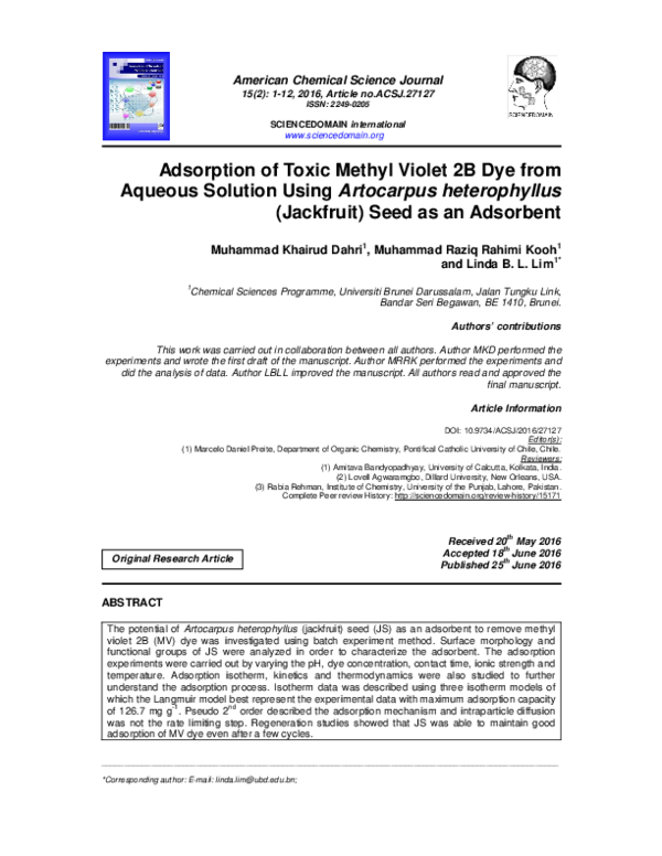 Adsorption of Toxic Methyl Violet 2B Dye from Aqueous Solution Using ...
