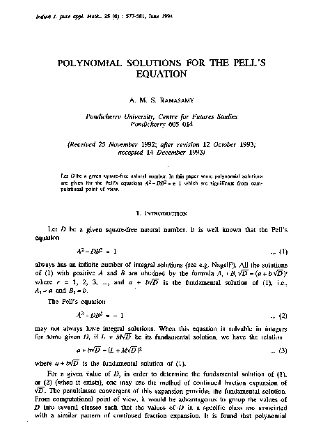 (PDF) POLYNOMIAL SOLUTIONS FOR THE PELL'S EQUATION | A.M.S. Ramasamy - Academia.edu