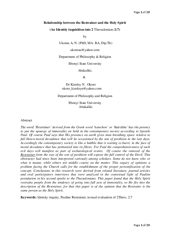 (DOC) Relationship between the Restrainer and the Holy Spirit (An ...