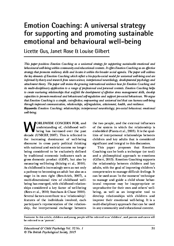 (PDF) Emotion coaching: A universal strategy for supporting and ...