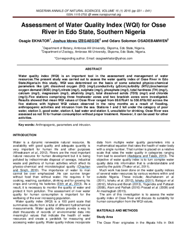 (PDF) Assessment of Water Quality Index (WQI) for Osse River in Edo ...