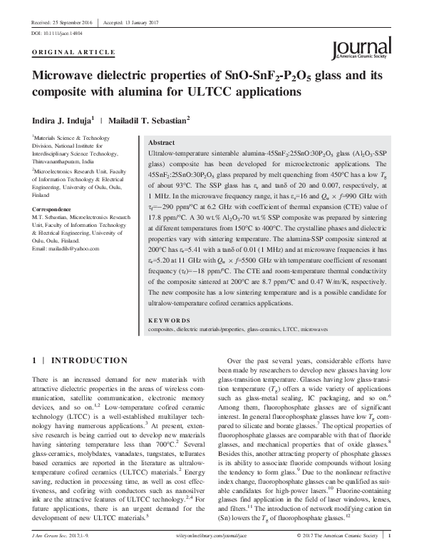 (PDF) Microwave dielectric properties of SnO-SnF 2 -P 2 O 5 glass and ...