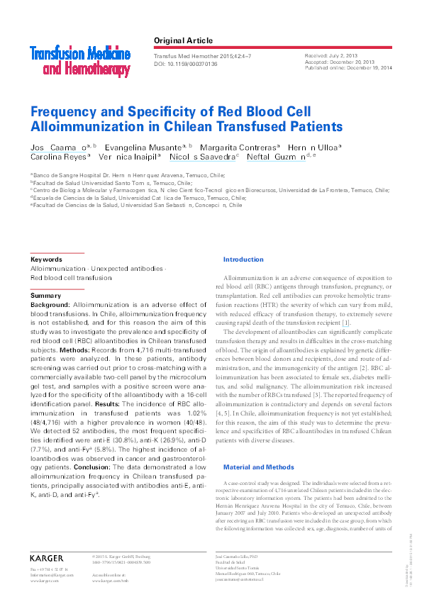 (PDF) Frequency and Specificity of Red Blood Cell Alloimmunization in ...