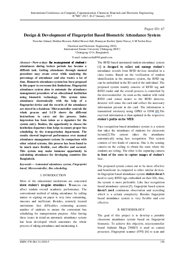 Pdf Design And Development Of Fingerprint Based Biometric Attendance System