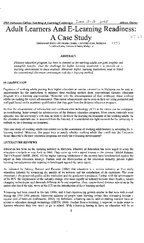 (PDF) Adult Learners And E-Learning Readiness: A Case Study