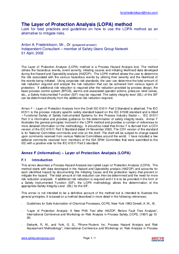 (PDF) The Layer of Protection Analysis (LOPA) method