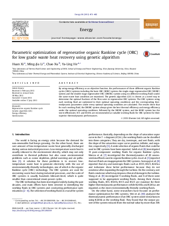(PDF) Parametric optimization of regenerative organic Rankine cycle (ORC) for low grade waste ...