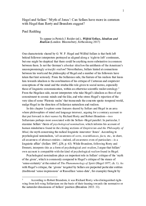 (PDF) Preprint: Hegel and Sellars' 'Myth of Jones': Can Sellars have ...