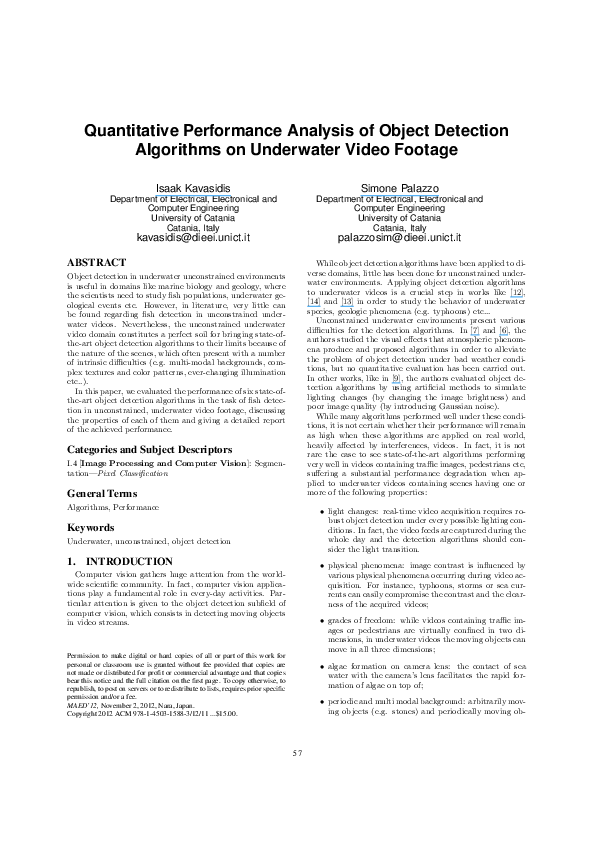 Pdf Quantitative Performance Analysis Of Object Detection Algorithms On Underwater Video Footage