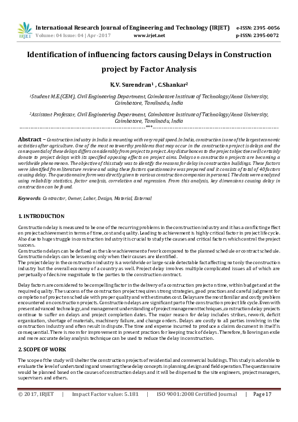 (PDF) Identification of influencing factors causing Delays in Construction project by Factor ...