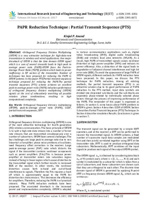 Pdf Papr Reduction Technique Partial Transmit Sequence Pts