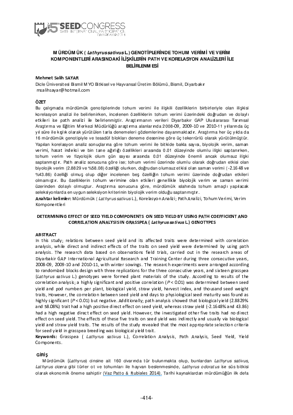 (PDF) DETERMINING EFFECT OF SEED YIELD COMPONENTS ON SEED YIELD BY USING PATH COEFFICIENT AND ...