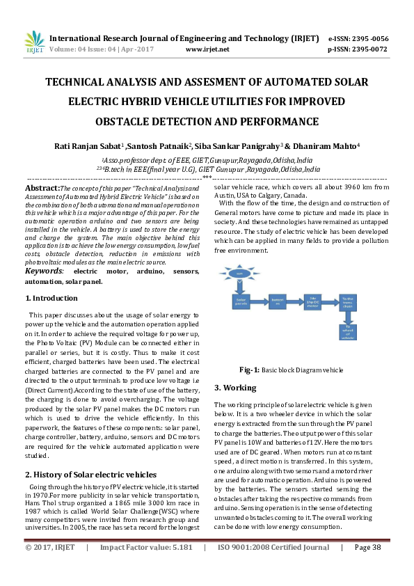 (PDF) TECHNICAL ANALYSIS AND ASSESMENT OF AUTOMATED SOLAR ELECTRIC HYBRID VEHICLE UTILITIES FOR ...