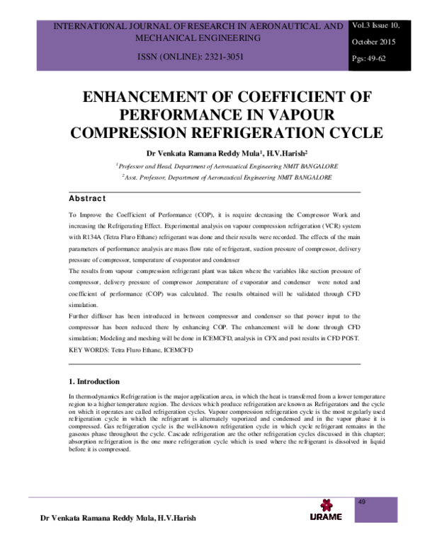 (PDF) ENHANCEMENT OF COEFFICIENT OF PERFORMANCE IN VAPOUR COMPRESSION ...