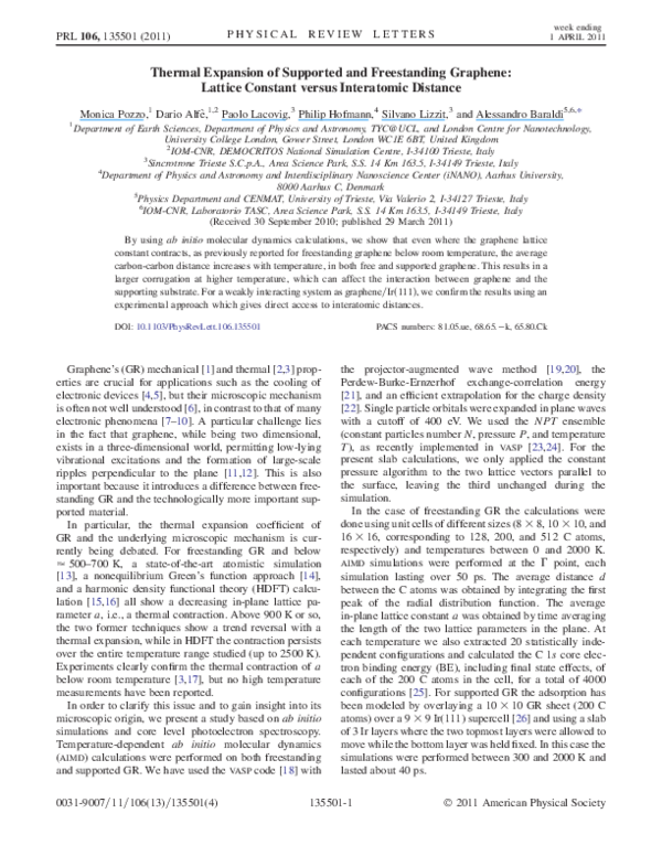 (PDF) Thermal Expansion of Supported and Freestanding Graphene: Lattice ...